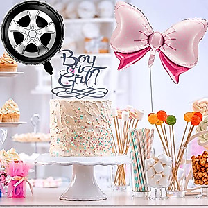 12 Pieces Burnouts or Bow Foil Balloons Black Car Wheel Balloons Gender Reveal Balloon Pink Polka Dots Bow Balloon Foil Balloons for Baby Shower Gender Reveal Wedding Birthday Party Decoration