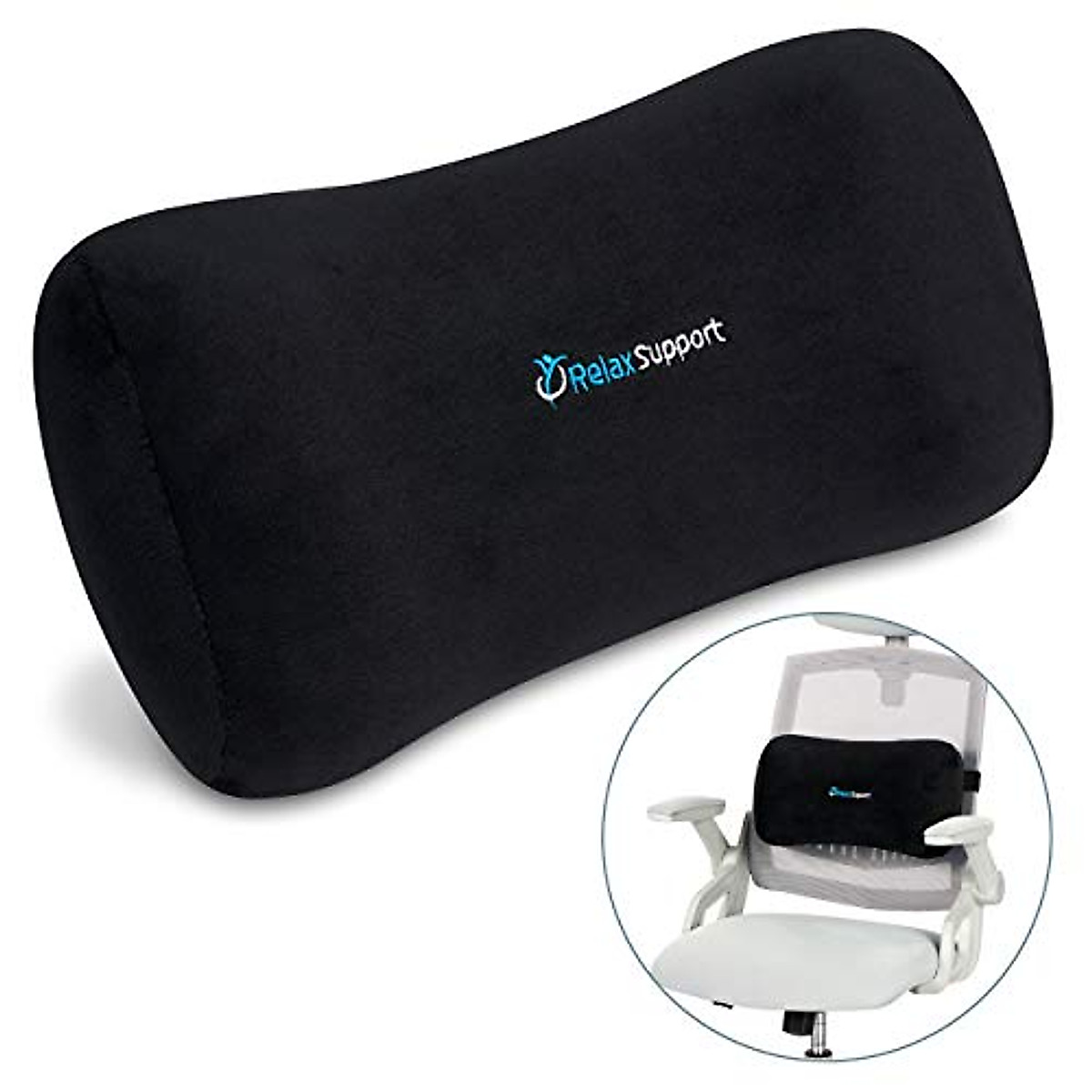 RELAX SUPPORT RS7-X Lumbar Support Pillow - Medium Firm Memory Foam Office Chair Back Support - Promotes Spinal Alignment & Better Posture - Non-Slip Strap, Washable Cover - Fits Wheelchair, Recliner