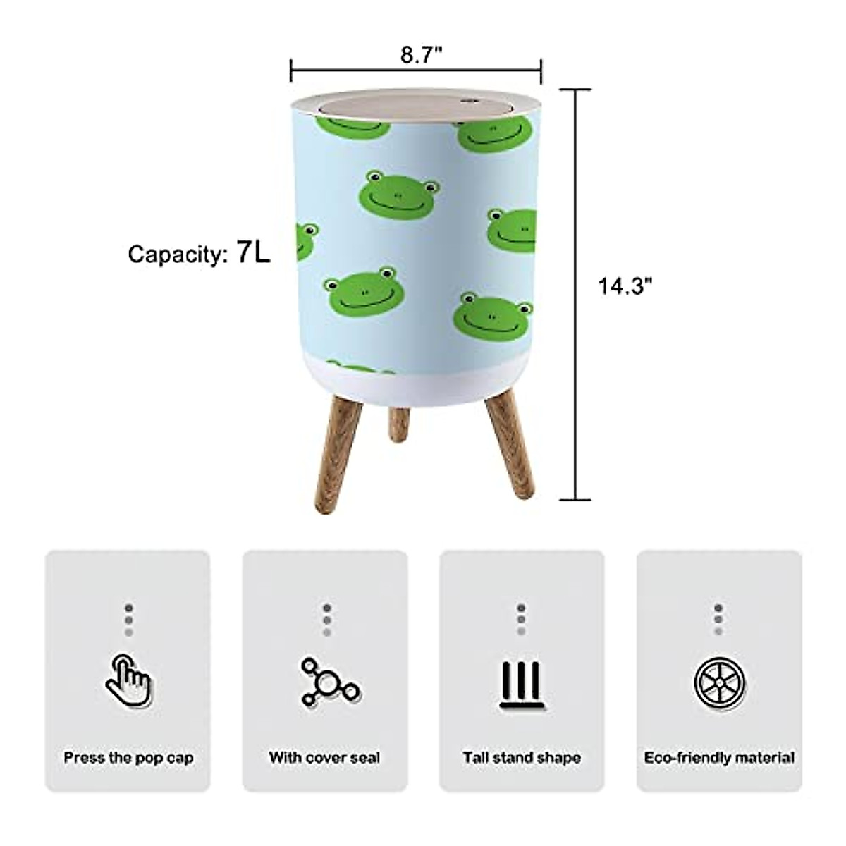Small Trash Can with Lid Seamless with Cute Frogs for Kids Stock 7 Liter Round Garbage Can Elasticity Press Cover Lid Wastebasket for Kitchen Bathroom Office 1.8 Gallon