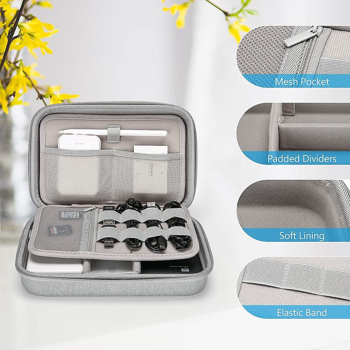 ProCase Hard Travel Electronic Organizer Case for MacBook Power Adapter Chargers Cables Power Bank Apple Magic Mouse Apple Pencil USB Flash Disk SD Card Small Portable Accessories Bag -L, Grey