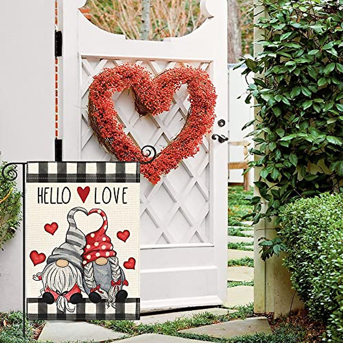 AVOIN colorlife Hello Love Valentine's Day Gnome Garden Flag 12x18 Inch Outside Double Sided, Buffalo Plaid Rustic Farmhouse Yard Outdoor Decoration