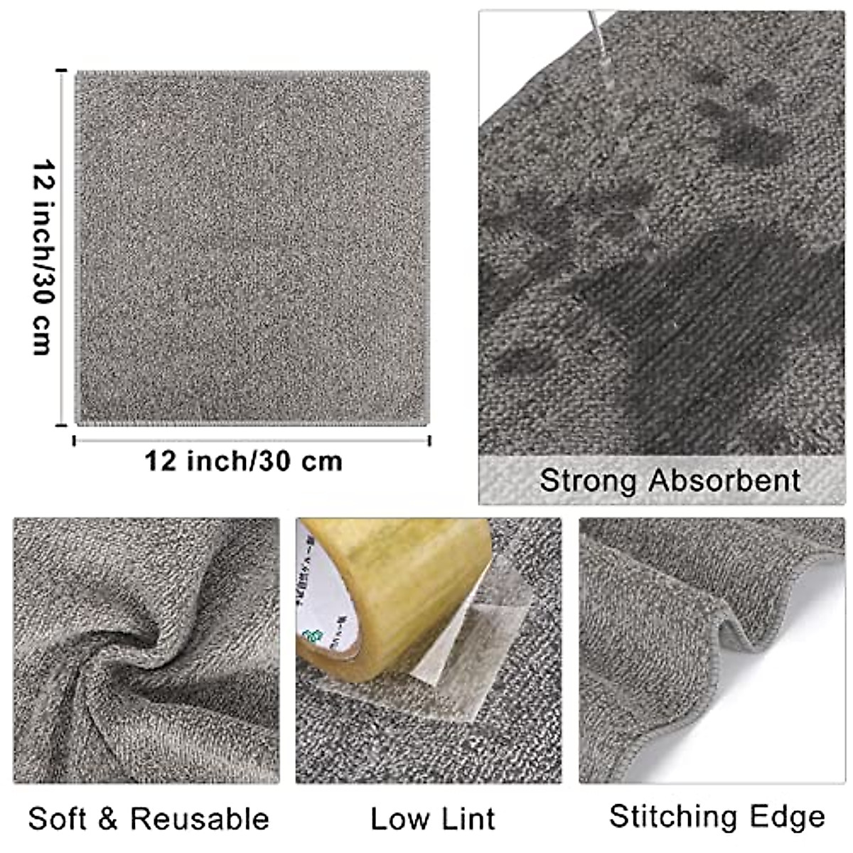 FYY Kitchen Dish Cloths Dish Rags, 6 Pack Ultra Soft & Absorbent Dish Towels Quick Drying Dishcloth Cleaning Cloth Washcloth for Use in Kitchens, Bathroom, Restaurants and More (12x12 inch, Grey)