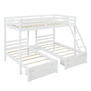 Triple Bunk Bed for Kids Teens,Can Be Separated Into 3 Full Over Twin & Twin Bunked Bedframe with Storage Drawer and Guardrails Wood for Living Room Bedroom,White