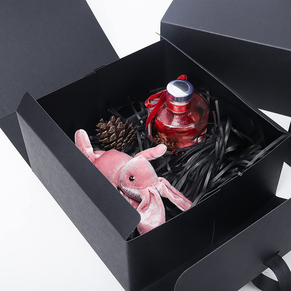 Decorative Gift Boxes with Ribbon and Shredded Paper Fill, 5 Pack 8x8x4" Gift Boxes With Lids for Presents Bridesmaid Proposal Box, Folded Paper Gift Box for Birthday, Christmas, Wedding, Party Favor, Holiday (Black)