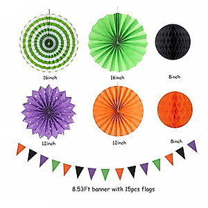 Black Purple Orange-Green Halloween Party-Decorations - 20pcs Paper Lanterns Fans,Tissue Pom Poms,Honeycomb Balls,Hotel Transylvania Hocus Pocus Birthday Baby Bridal Shower Wedding Decor Burgleda