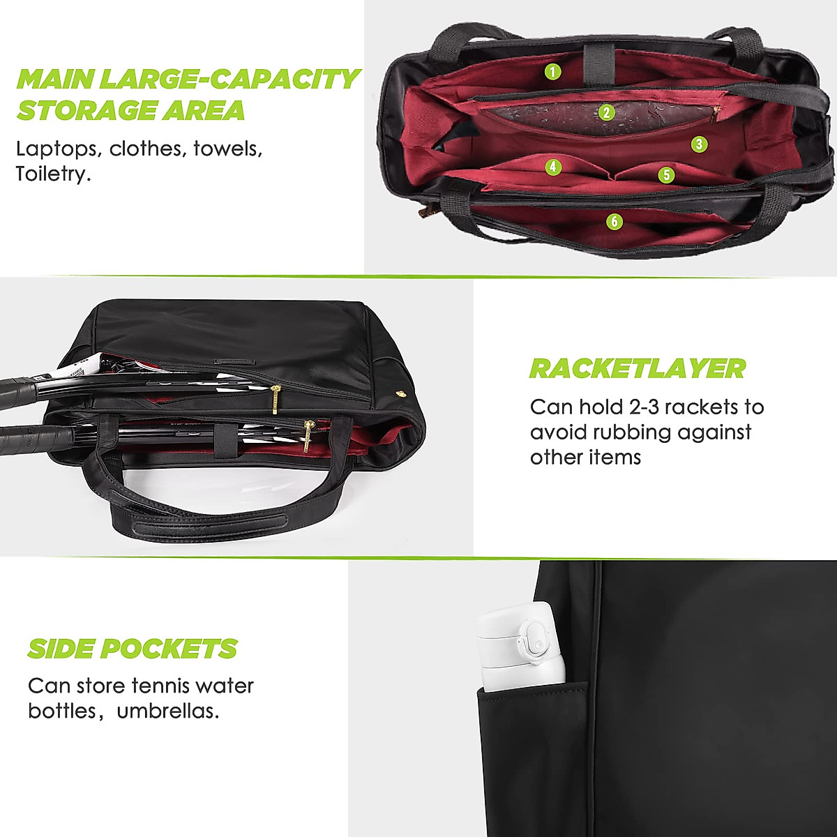 CHICECO Tennis Tote Bag for Women, Large Tennis Racket Bag, tennis bag 2 rackets,Pickleball Bag,Padel Bag,Black (Black)