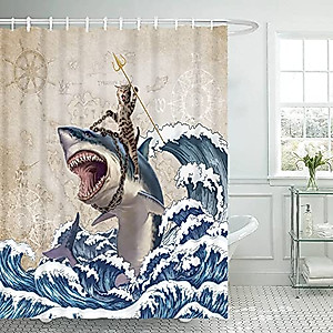 LEITINGYA Funny Cat Shower Curtain, Cool Cat Riding Shark Shower Curtain, Japanese Ocean Wave Nautical Anchor Shower Curtains for Bathroom, Waterproof Shower Curtain Set 12 Hooks Included -72x72 Inch