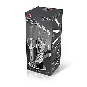 Berlinger Haus Kitchen Knife Set with Block, 8 Piece Knives Set for Kitchen, Cooking Knives with Kitchen Shears and Sharpener, Sharp Cutting Stainless Steel Chef Knife Set with Acrylic Stand, Gray