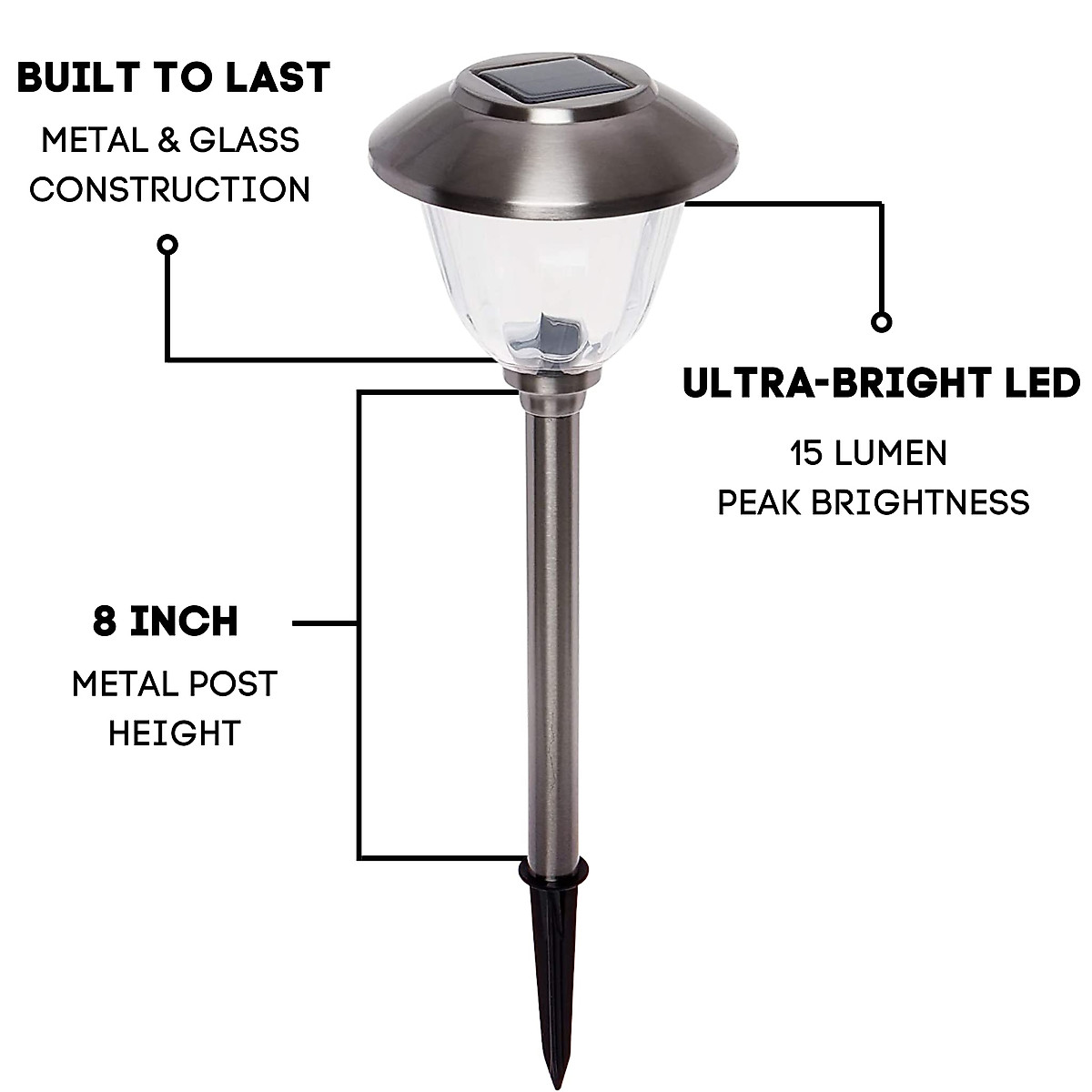 Energizer LED Solar Pathway Lights - 8 Pack of [Stainless Steel] Outdoor Solar Lights - IP65 Waterproof w/Auto On/Off - Patterned Glass and Metal Construction Coated in Stainless Steel
