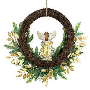 24" Angel Christmas Wreath, Artificial Holiday Wreath with Resin Angel Statue, Natural Rattan Ring & Pine Cones, Golden Leaves, Red Baubles, Spruce Branches, Snowy Pine Needles (Angel)