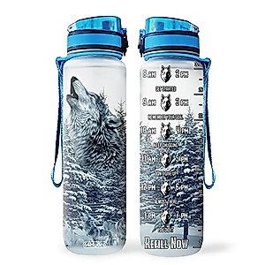 64HYDRO 32oz 1Liter Motivational Water Bottle with Time Marker & Removable Strainer, Water Tracker Bottles, Snow Wolf Water Bottles with Times to Drink, Cool Unique Inspirational Gifts for Men, Women