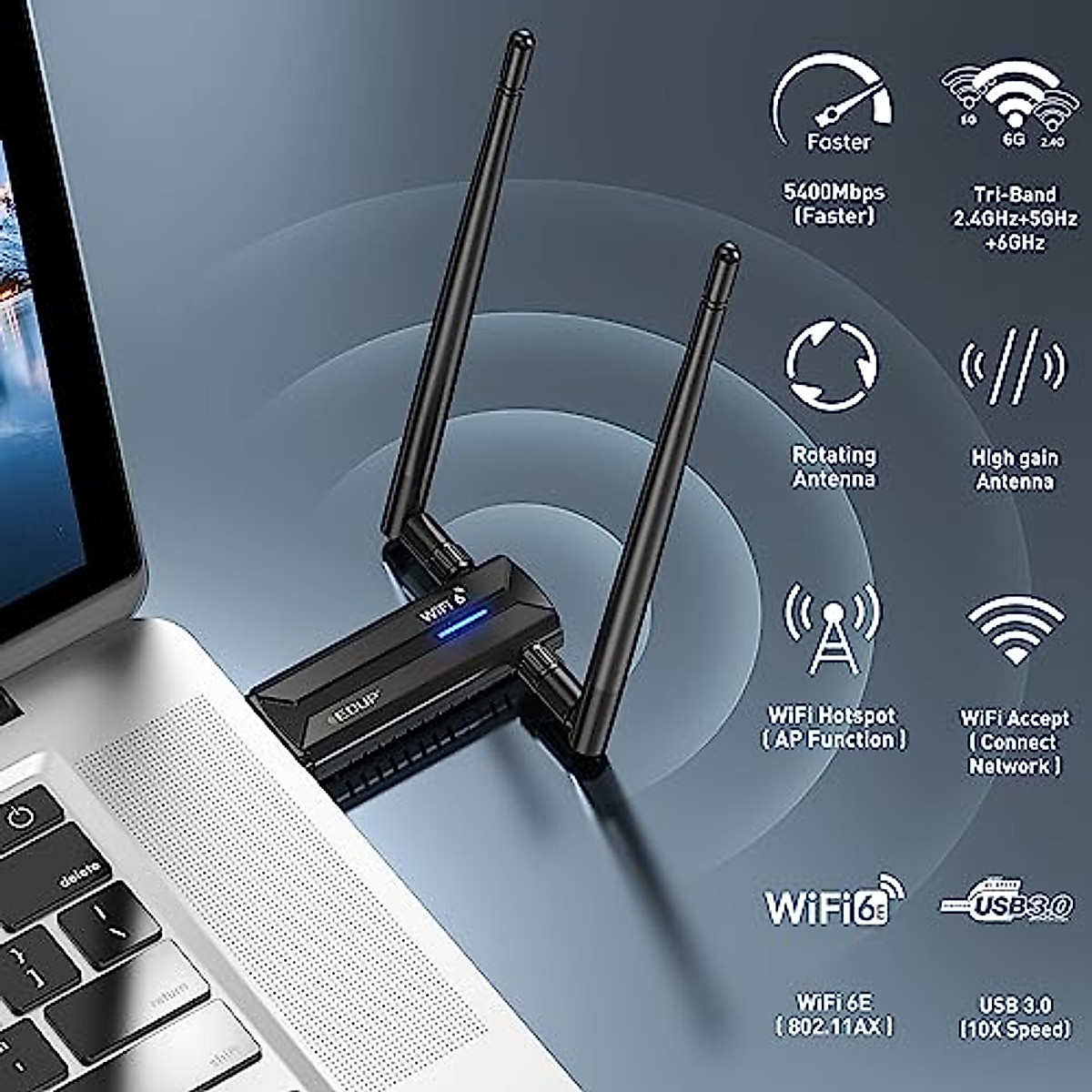 USB 3.0 WiFi 6E AX5400M WiFi Adapter for PC, 802.11AX, Tri-Band 6GHz/ 5GHz/ 2.4GHz, Dual 5dBi Antennas, USB WiFi Dongle Wireless Network Adapter for Desktop PC Laptop, Only Work for Windows 11/10
