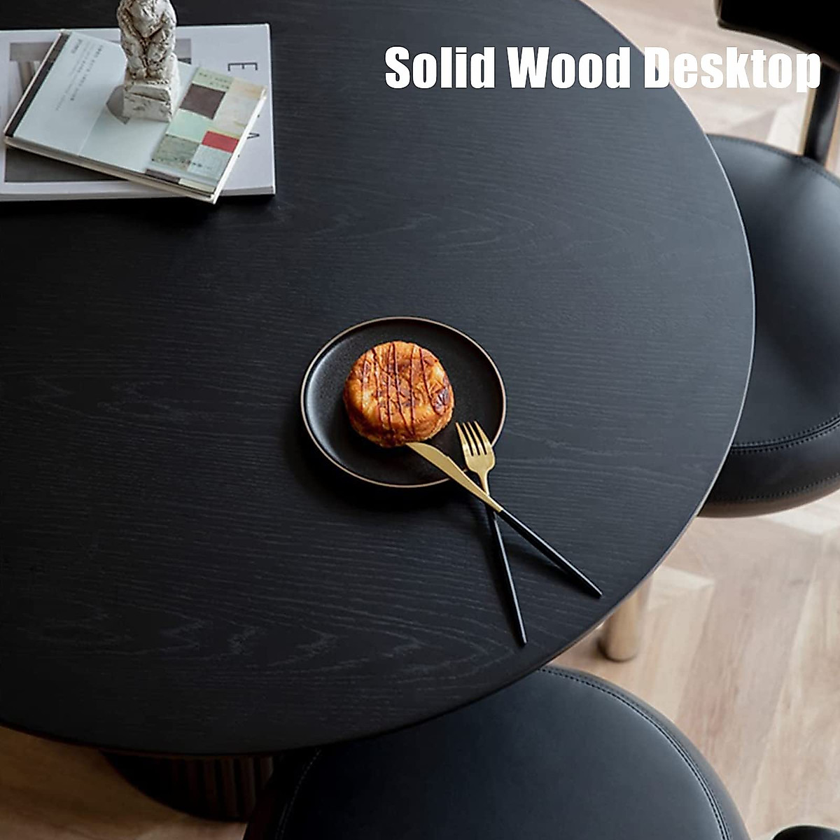 Topjia Pine Wood Round Dining Table,Simplicity Wooden Pedestal Base Kitchen Table,Leisure Coffee Table Restaurant Furniture Dining Room Table (35.4" L x 35.4" W x 29.5" H, Black)