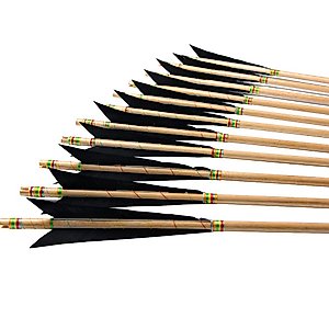 PG1ARCHERY Archery Wooden English Longbow Arrows Practice Targeting Arrow 5.8" Turkey Feathers Fletching with Bullet Points for Recurve & Traditional Bow Black, 12 Pack