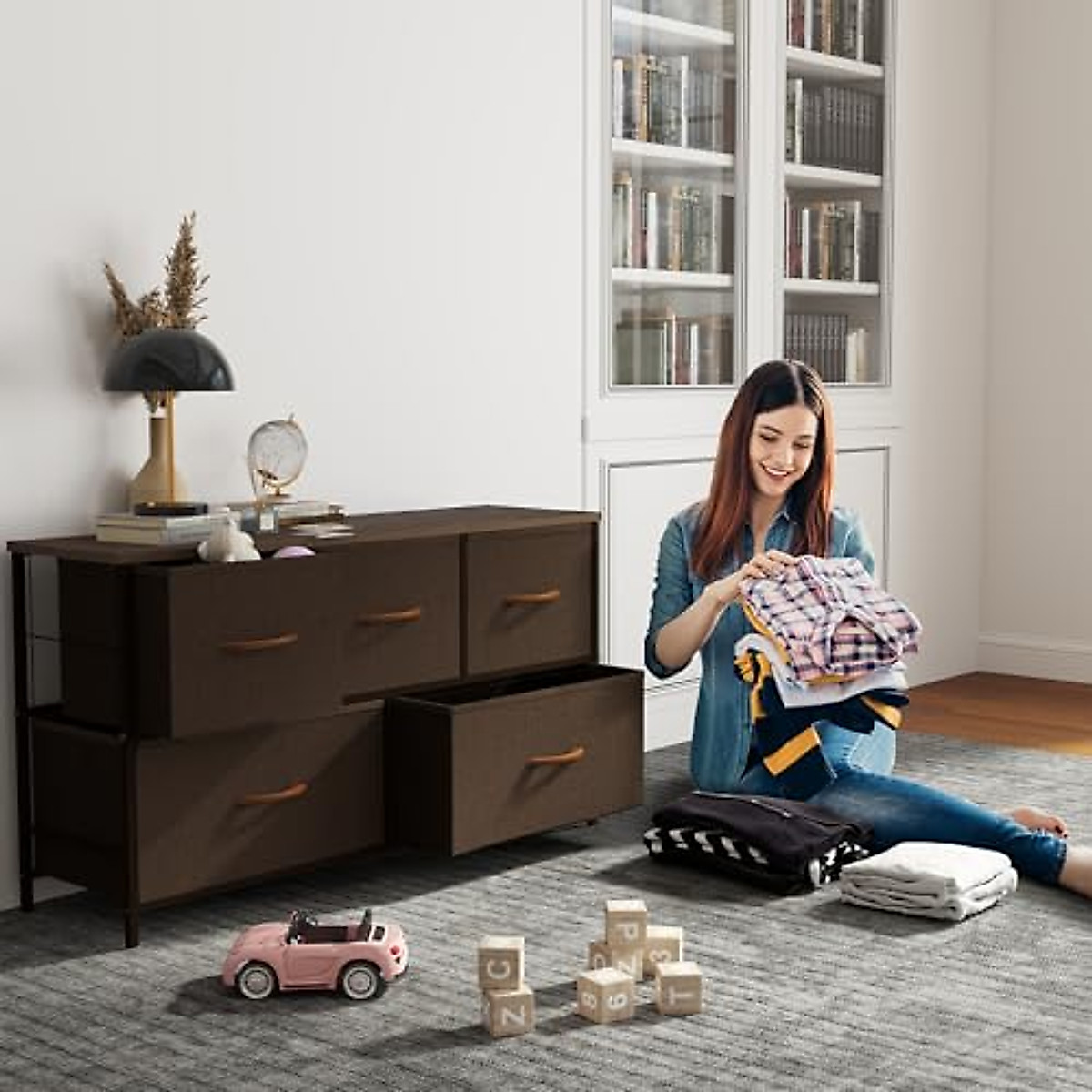 ROMOON Dresser for Bedroom, Dresser Wide for Closet with 5 Drawers, Small Fabric Dresser & Chests of Drawers for Bedroom,Nursery, Hallway.(Brown)