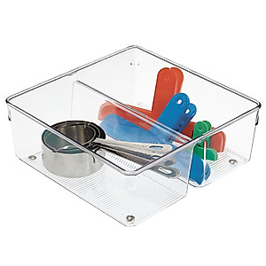 InterDesign Linus Twin Kitchen Drawer Organizer for Silverware, Spatulas, Gadgets - 8" x 8" x 3", Clear