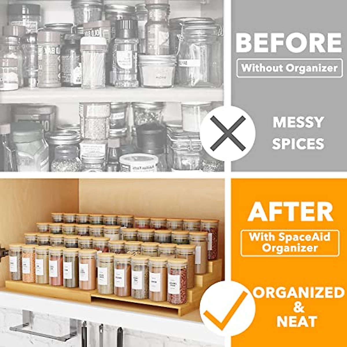 SpaceAid 4 Tier Bamboo Spice Rack Organizer for Cabinet, Kitchen Pantry Spices Storage Rack for Cabinets Organization, Home Seasoning Tiered Can Goods Racks Wood Shelf Organizers (4 Tier, Natural)