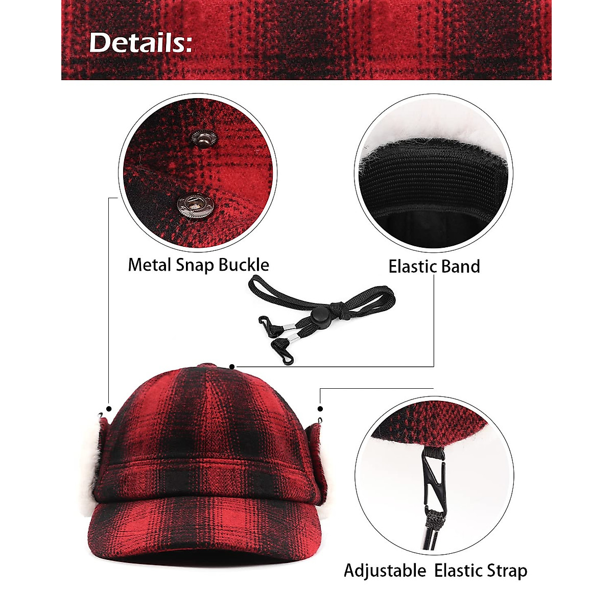 Zylioo XXL Fleece Baseball Cap with Earflap,Oversized Winter Warm Cap,Large Elastic Trapper Hunting Dad Hats Black Red