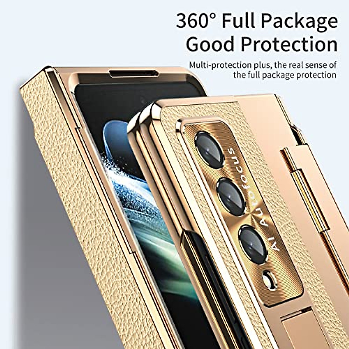 Hinge Protection Case for Samsung Galaxy Z Fold 3 5G with Pen Holder,Luxury Plating Built-in Screen Protector Dustproof Shockproof Case Cover Compatible with Samsung Galaxy Z Fold 3 5G(Gold+Gold)