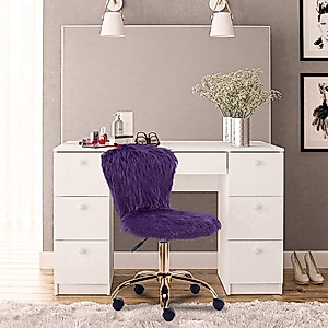 Purple Fur Makeup Small Vanity Chair with Back - Golden Swivel Base Dressing Chair - Adjustable Desk Chair for Beauty Room, Living Room or Home Office - 1 Pack