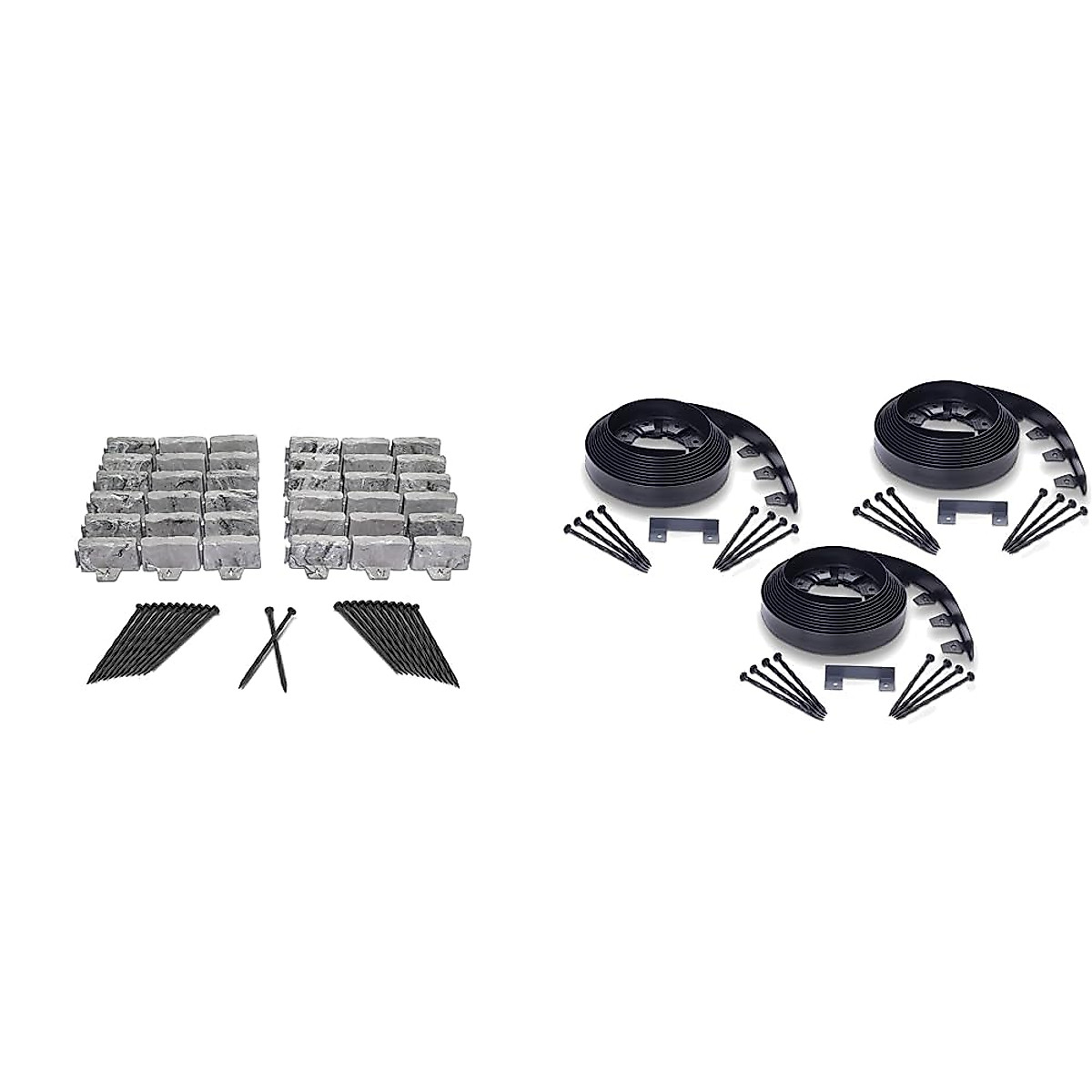 EasyFlex No-Dig Landscape Edging with Anchoring Spikes, 2.7 in Tall Decorative Stone-Look Garden Border, 15 Foot Kit, Slate Gray & Tall Wall No-Dig Landscape Edging, 90' kit