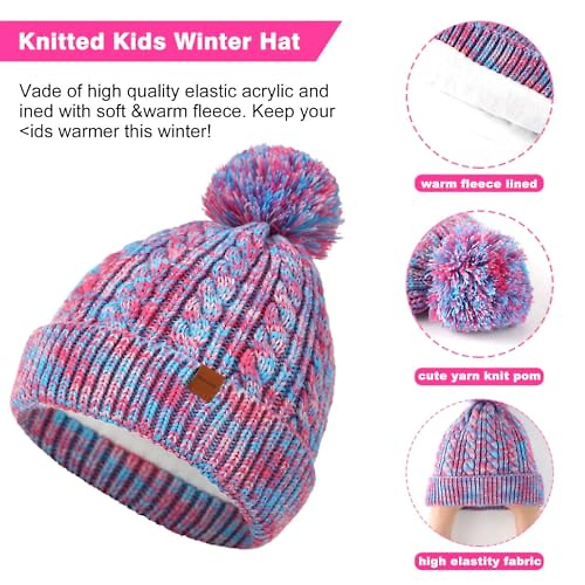 Kids Winter Hat Gloves Scarf Set, Girls Boys Children Hats Beanie with Pom Knit Neck Warmer Gaiter Mittens Fleece Lined Set (Purple)