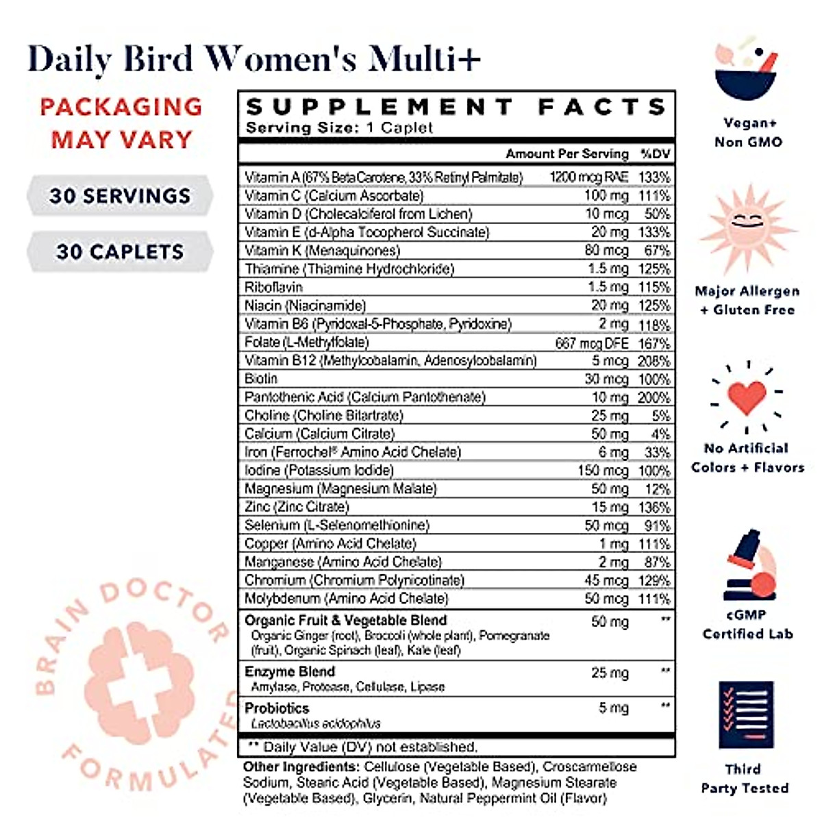 Best Nest Wellness Daily Bird Women's Multivitamin for Women with Probiotics, Methylfolate, Natural Whole Food Organic Blend, Once Daily Vitamins, Gluten Free, Includes Bonus Smart Brain Guide, 30 Ct