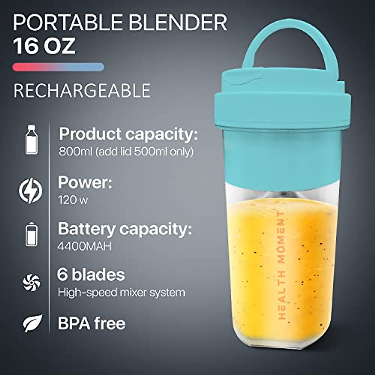 Health Moment,Tragbarer Mixer, USB – hergestellt aus BPA-freiem Tritan-Material – Fruchtkugel mit leistungsstarken 6 Klingen, angetrieben von 4440000 mAh. ( mAh. Blau)