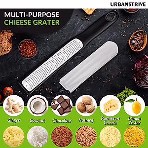 Urbanstrive Cheese Grater With Handle, Lemon Zester Graters for Kitchen Stainless Steel, Hand Grater for Ginger Garlic Nutmeg Chocolate Fruits Vegetables, Sharp, Non-Slip Handle & Foot, Black
