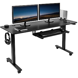 VIVO Electric Height Adjustable 60 x 24 inch Mobile Stand Up Desk, Complete Active Workstation with 2 Section Black Table Top, Black Frame, Keyboard Tray, 2 Accessory Hooks, DESK-E-P60KB