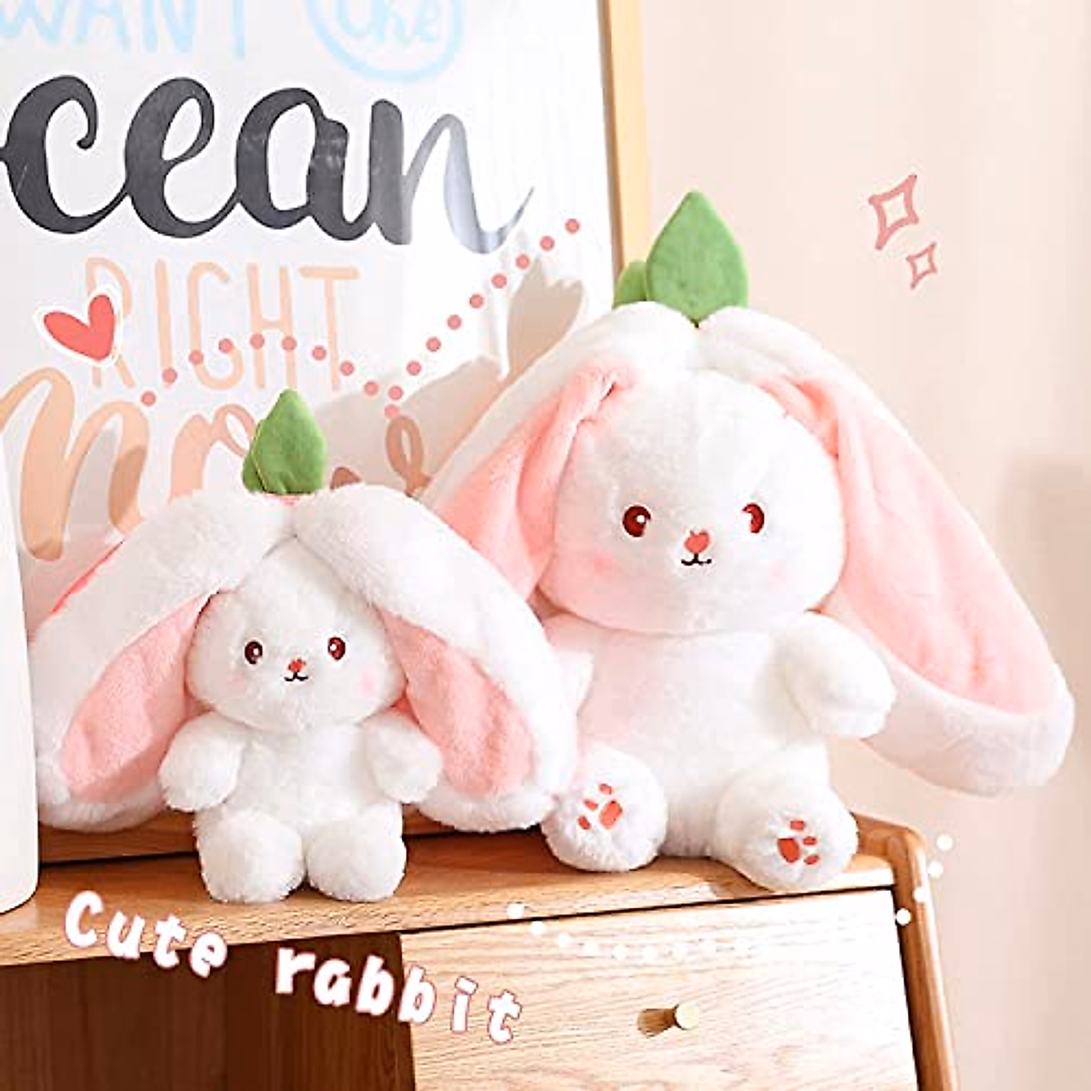 MIAODAM Bunny Stuffed Animal Reversible Cuddle Bunny Stuffed,Strawberry Bunny Transformed Rabbit Plush Zipper,Carrot That Turns Into Ears Bunnies Plushies Toy Cute Stuffy Doll Easter Girlfriend Gift