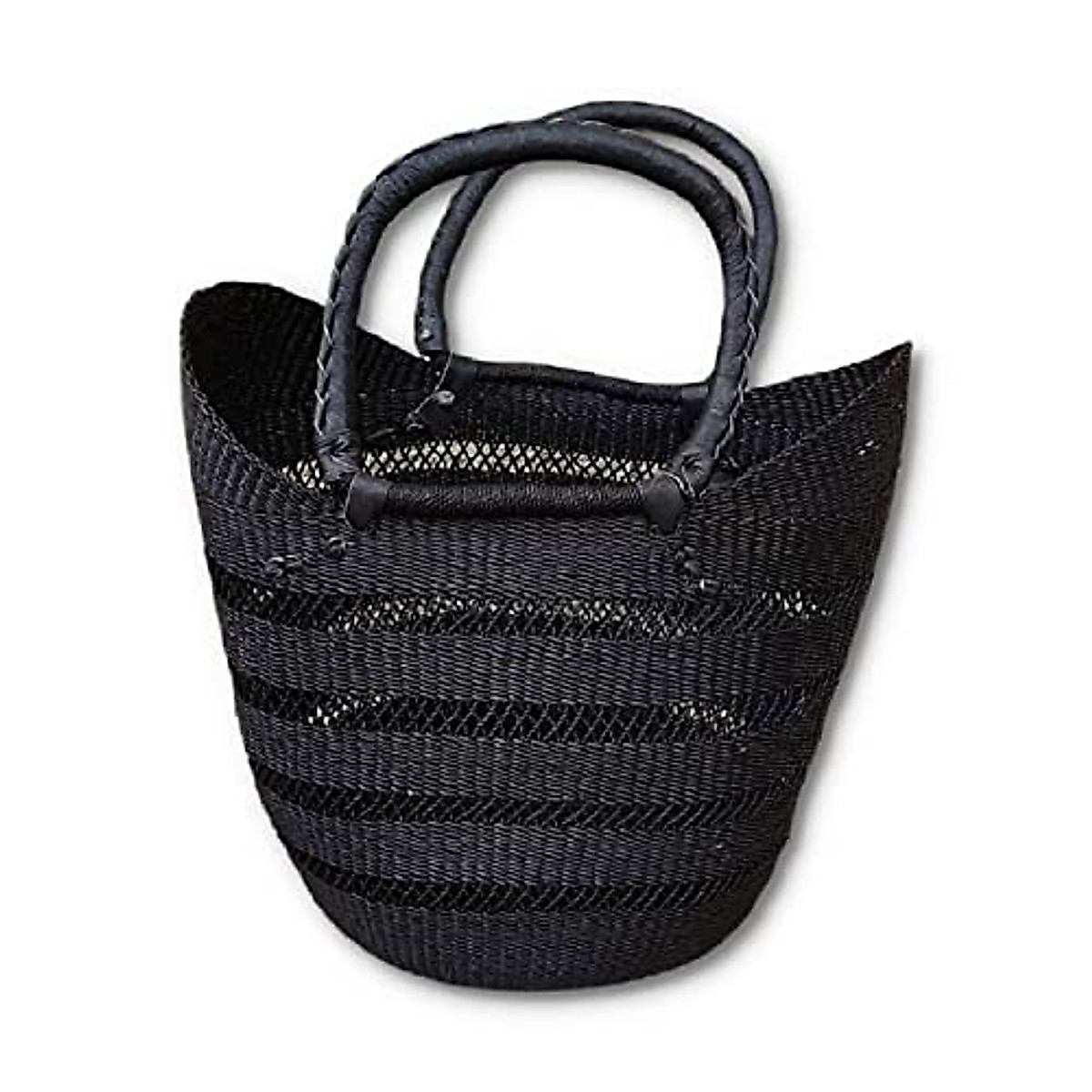 Ghana Handwoven Bolga Market Basket-African Beach Bag-Farmers Choice Market Bag-Plant Basket, Picnic Basket, Easter Basket, Straw Bag-Large Woven Basket, Toy Basket Handmade in Ghana (Black Leather)