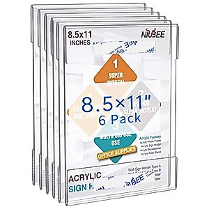 NIUBEE 8.5x11 Clear Acrylic Plexi Sign Holders with Double Sided Adhesive Tape, Wall Sign Memo Document Menu Holder for Office, Home, Store, Restaurant-No Drilling (6 Pack)