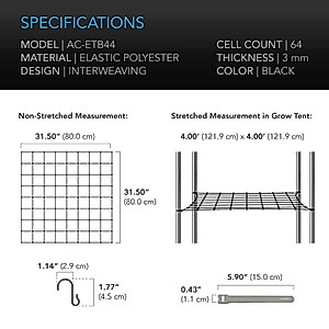 AC Infinity Grow Tent Trellis Netting 4x4', Heavy-Duty Elastic Plant Net with Steel Hooks, Flexible Hydroponics Support for Grow Tents, Gardening, and Horticulture