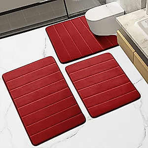 Memory Foam Bath Mat Set Bathroom Mat Set Ultra Soft 3 Piece Bathroom Rug Non Slip and Highly Absorbent Bathroom Floor Mat Machine Washable Toilet Mat（Burgundy, 17” X 24”+24” X 24”+24” X 32”)