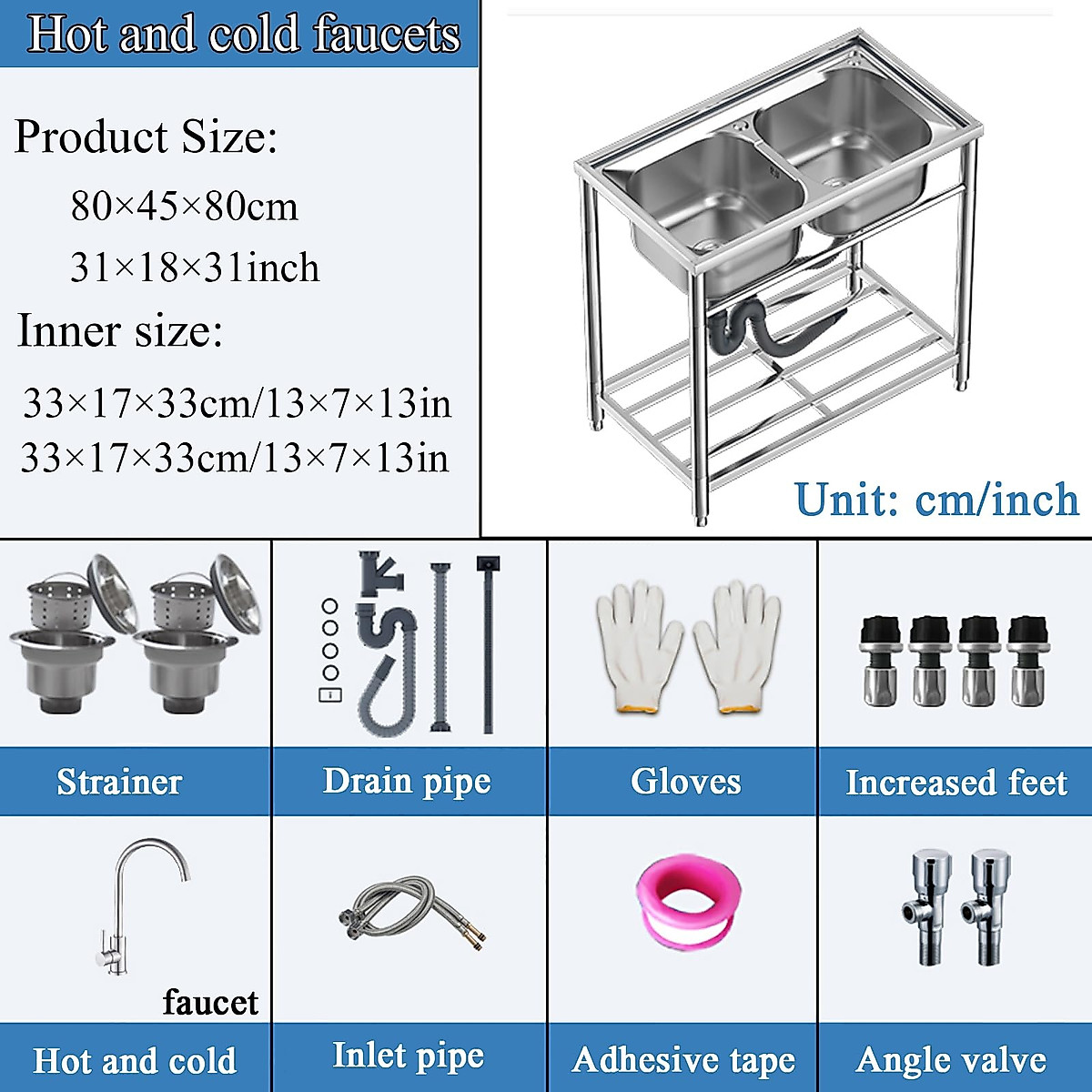 SEYFI Kitchen Sinks Free Standing Stainless Steel Sink,Commercial U-Tility Sink, Kitchen Sink U-Tility Set with Faucet Indoor Outdoor Sink, for Kitchen, Laundry Room/Hot and Cold/Hot and Cold