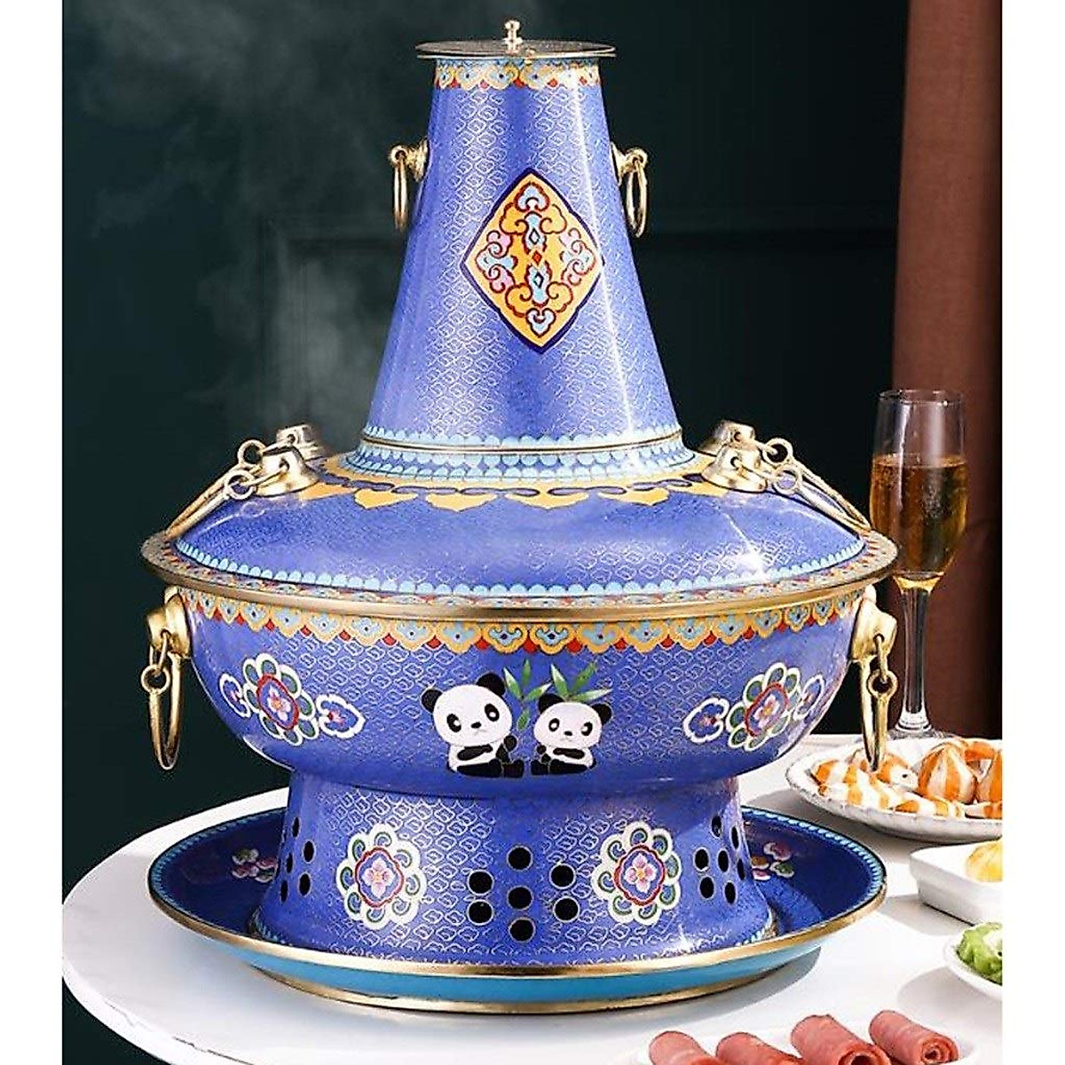 Kitchen Chafing Dishes Induction Hob Pans Creative Cloisonne Copper Hot Pot Household Old Beijing Hot Pot of Lamb Charcoal Copper Pot Best Gift (Color : Blue, Size : 36cm)