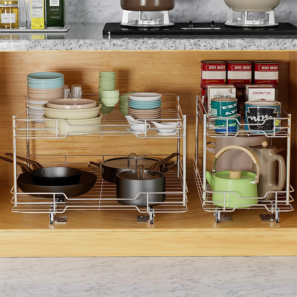 Blemoacha Pull Out Cabinet Organizer 21" D x 11" W,2 Tier Under Sink Organizers and Storage,Bathroom Organization Undersink Drawers Slide Out, Kitchen Sink Chrome Shelf Sliding Cabinet Basket