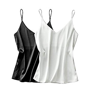 Ekouaer Women's Silk Satin Tank Tops Deep V Neck Stretch Camisole Tops Summer Sleeveless Shirts Blouses