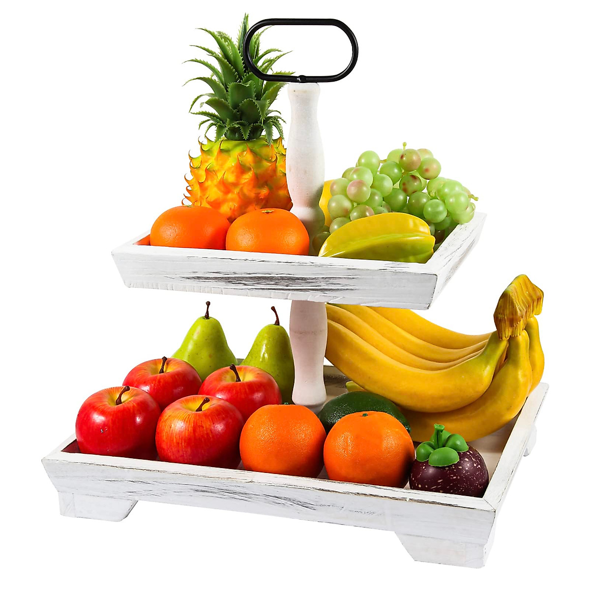 CRAZYMOTO Wood 2-Tier Rustic Tray, Farmhouse Tiered Tray Stand, Rectangular Tray for Cakes, Desserts, Fruits, Snack, Candy, 16x12x17 inches, 4 lbs, White