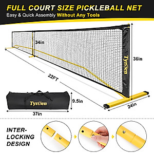 TYRSEN Pickleball Set with Net, 22FT USAPA Regular Size Portable Pickleball Net System for Driveway Backyard, 4 Paddles & 6 Balls, Strong PE Net and Steady Steel Frames for Indoor Outdoor
