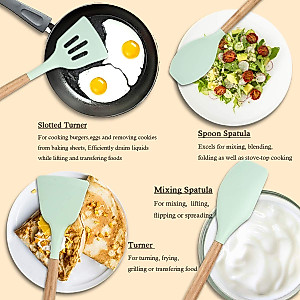 VIVAYO Silicone Cooking Utensil Kitchen Utensils Set, 12 Pieces Silicone Kitchen Utensil Wooden Handles, Kitchen Spatula Sets with Holder Spoon Turner Tongs,Mint Green