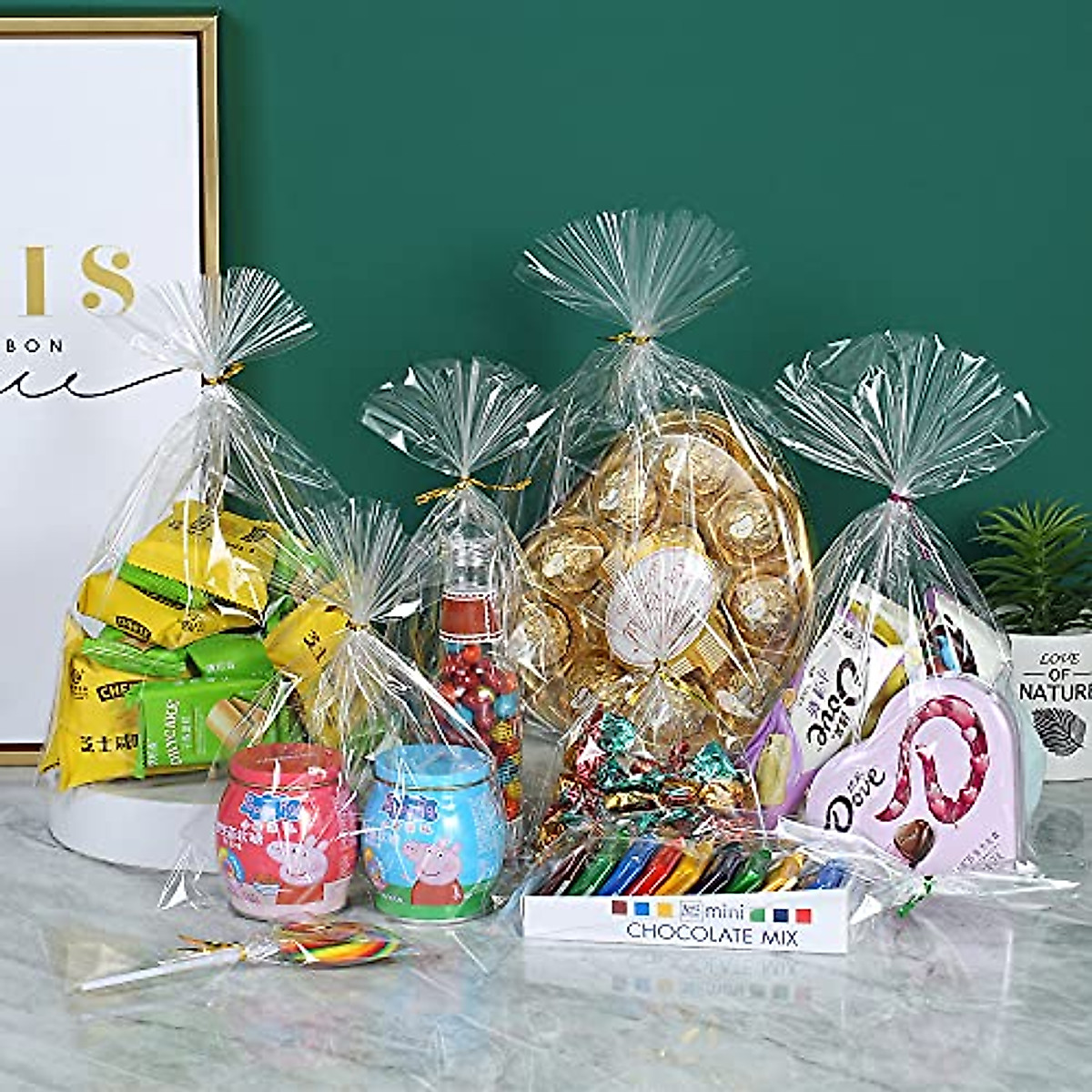 Macoota 200 Pcs 3" x 5" Small Clear Thick Cello Treat Bags Flat Cellophane Bags With 6 Colors Twist Ties Packaging Wrapping Cookies Candies Popcorn Gift Cellophane Bags