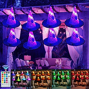 Lighted Hanging Witch Hats for Halloween Decorations, 8Pcs Color Changing 17FT 56 LED Light Up Witch Hats String Lights with Remote for Indoor Outdoor Party Yard Garden Tree Halloween Decor