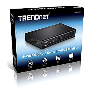 TRENDnet 5-Port Gigabit Compact Metal Desktop Switch with SFP Slot, TEG-S51SFP , Fanless Design, Wall Mountable, Lifetime Protection, Black