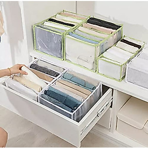 Wardrobe Closet Clothes Organizer Storage Basket - Mesh, Easy to Clean, Foldable, 7 slots for Pants, Jeans, Shirts (36*25*20cm, 7 grid, Green)