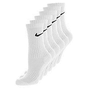 NIKE Dri-Fit Classic Cushioned Crew Socks 6 PAIR White with Black Swoosh Logo) LARGE 8-12