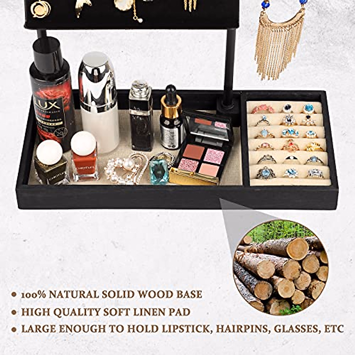 SOLIMINTR Jewelry Organizer, Jewelry Stand with Necklace Display Holder 3 Tier Earring Organizer Rustic Wood Base Tray with Ring Stand Jewelry Storage Tower for Women Girls Gift