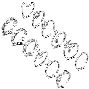 TOBENY 12PCS Adjustable Open Rings for Women 14K Gold Silver Plated Knot Arrow Heart Wave Butterfly Stackable Thumb Knuckle Rings Set