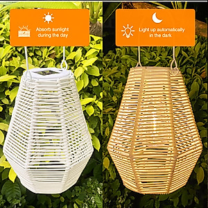 Rattan Outdoor Solar Lantern - Waterproof Hanging Table Solar Lanterns - White Woven Decorative Solar Lamp Lights with Handle for Patio Yard Garden Decoration (Edison Bulb)